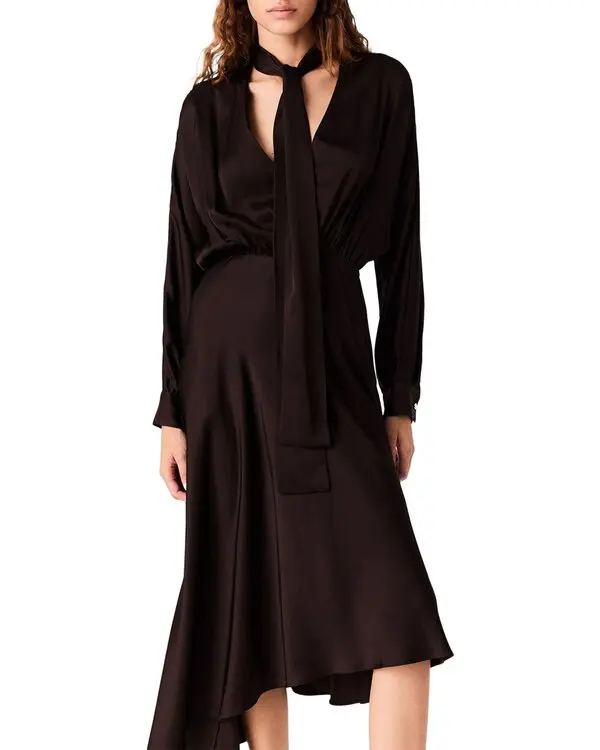 Maje Tie Neck Asymmetric Satin Midi Dress