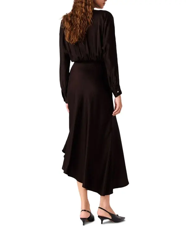 Maje Tie Neck Asymmetric Satin Midi Dress