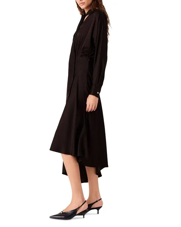 Maje Tie Neck Asymmetric Satin Midi Dress
