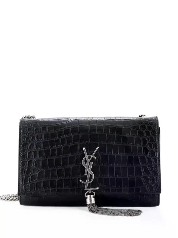 Saint Laurent Classic Monogram Tassel Crocodile Embossed Leather Medium Crossbody Bag - Black