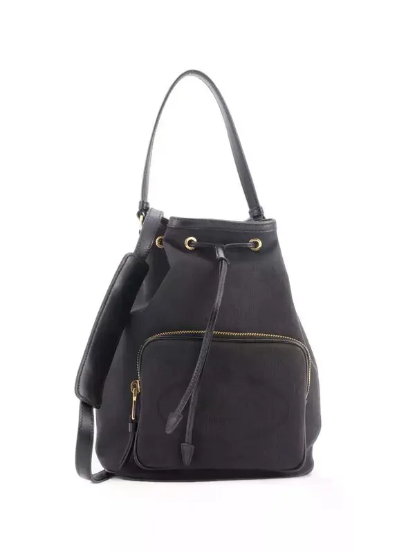 Prada Logo Drawstring Canvas Bucket Bag - Black