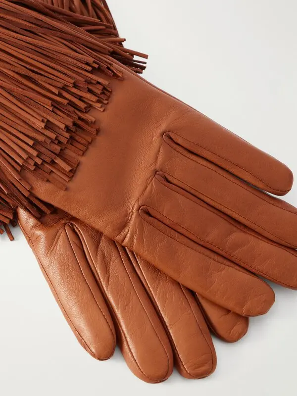 AGNELLE Lena Fringed Leather Gloves - Brown