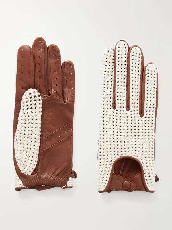 AGNELLE Karine Crocheted-cotton And Leather Gloves - Brown
