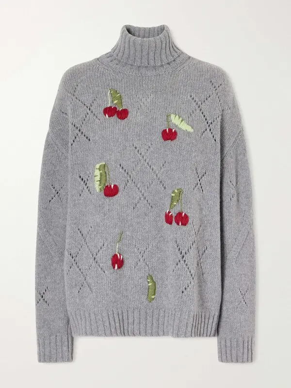 Bernadette Sharon Embroidered Pointelle-knit Wool Turtleneck