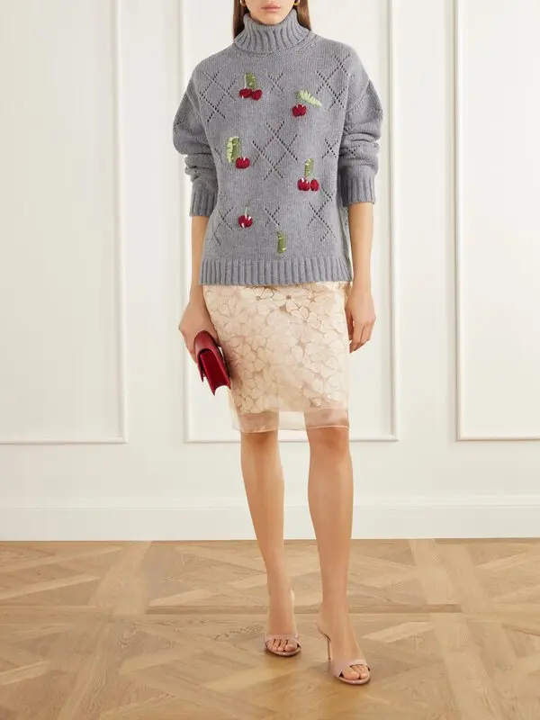Bernadette Sharon Embroidered Pointelle-knit Wool Turtleneck Sweater
