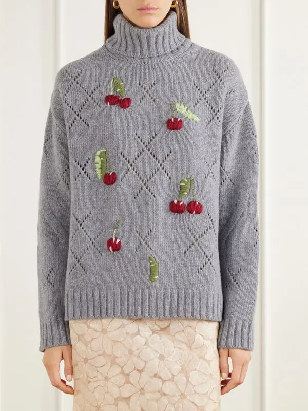 Bernadette Sharon Embroidered Pointelle-knit Wool Turtleneck Sweater