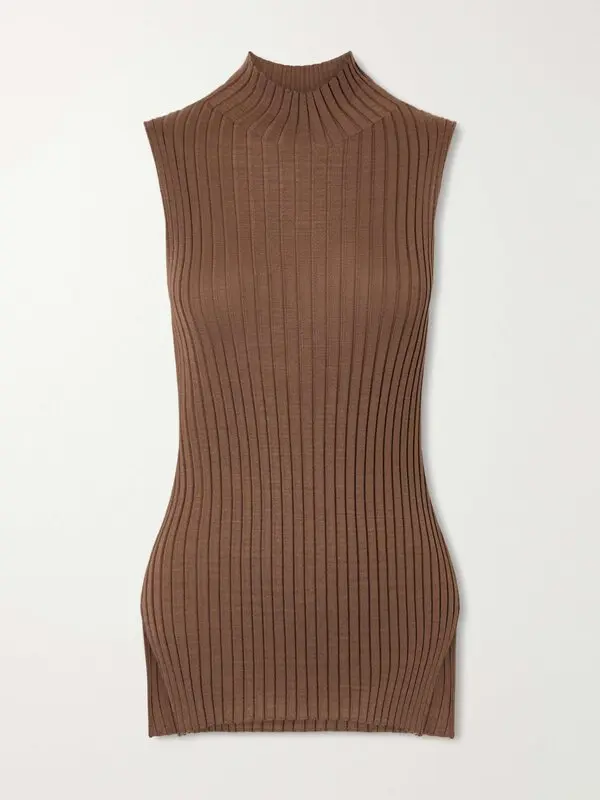 Khaite Karla Ribbed Wool And Silk-blend Tank - Brown