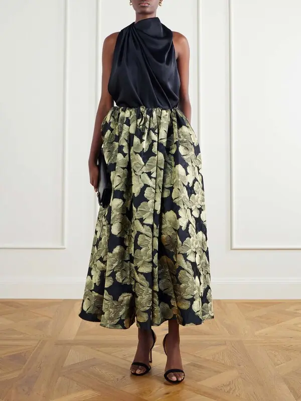 ABADIA Elodie Gathered Floral-brocade Maxi Skirt