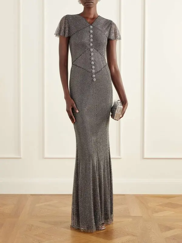 SELF-PORTRAIT Crystal-embellished Mesh Maxi Dress
