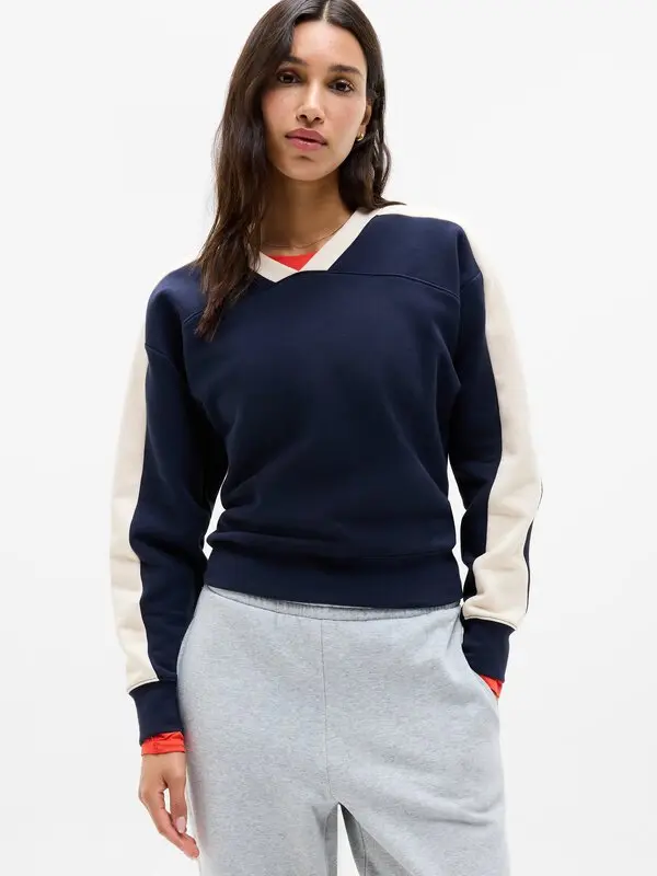 Athleta Forever Fleece V-neck Sweatshirt - Navy/bone