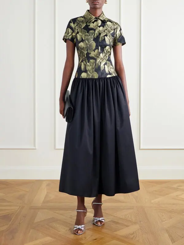 ABADIA Gathered Floral-brocade And Twill Midi Dress