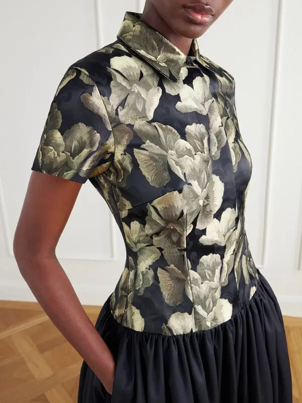 ABADIA Gathered Floral-brocade And Twill Midi Dress