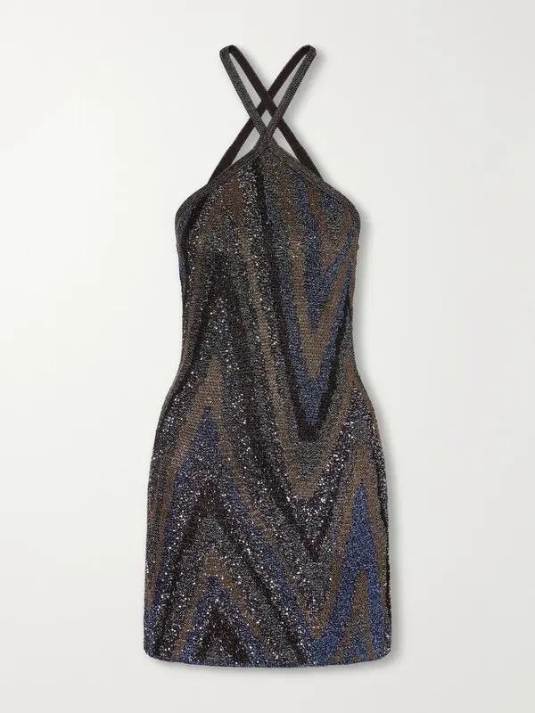 Missoni Sequin-embellished Striped Metallic Crochet-knit Halterneck Mini Dress - Multi
