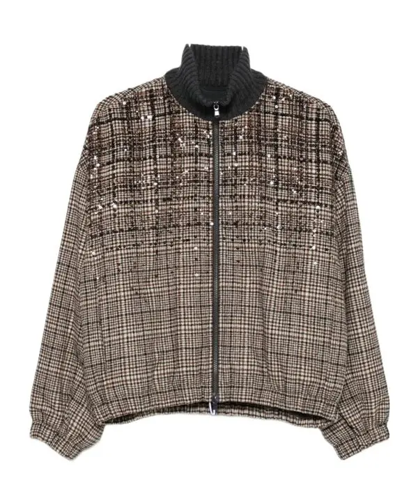 Brunello Cucinelli Checked Alpaca And Wool Bomber Jacket With Dazzling Degradé Embroidery And Thermore Padding
