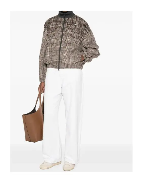 Brunello Cucinelli Checked Alpaca And Wool Bomber Jacket With Dazzling Degradé Embroidery And Thermore Padding