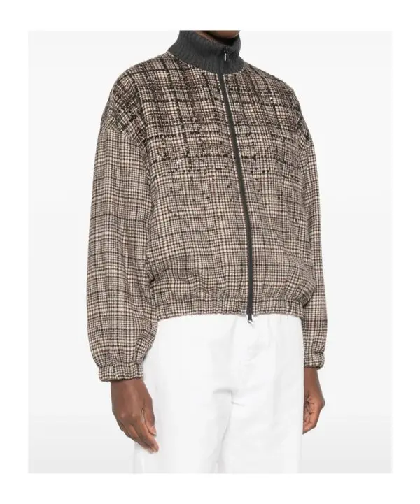 Brunello Cucinelli Checked Alpaca And Wool Bomber Jacket With Dazzling Degradé Embroidery And Thermore Padding