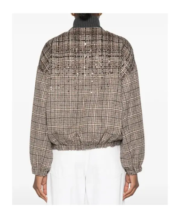 Brunello Cucinelli Checked Alpaca And Wool Bomber Jacket With Dazzling Degradé Embroidery And Thermore Padding