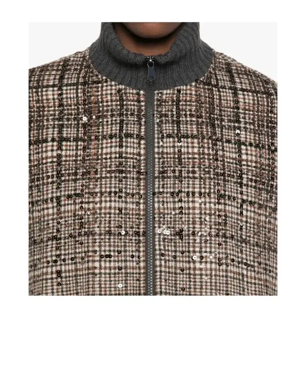 Brunello Cucinelli Checked Alpaca And Wool Bomber Jacket With Dazzling Degradé Embroidery And Thermore Padding