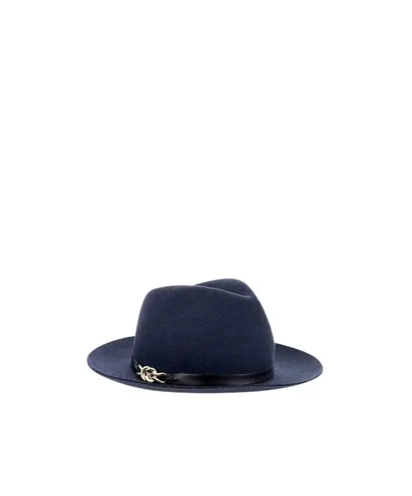 Emporio Armani Merino Wool Fedora Hat With A Leather Band And Chain Detail - Blue