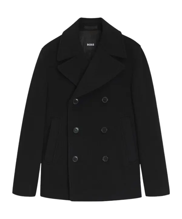 Hugo Boss Double-breasted Short Wool Coat - Black