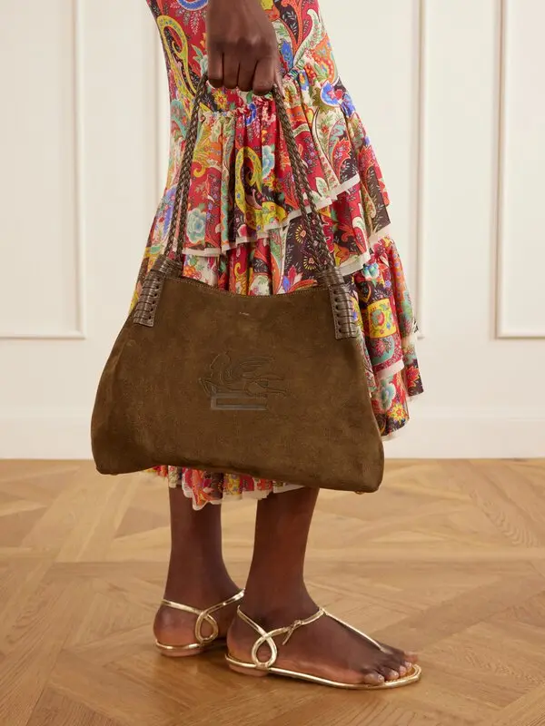 Etro Logo-debossed Leather-trimmed Suede Tote