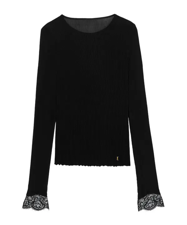 Saint Laurent Cassandre Lace-cuff Top In Ribbed Silk Jersey - Black