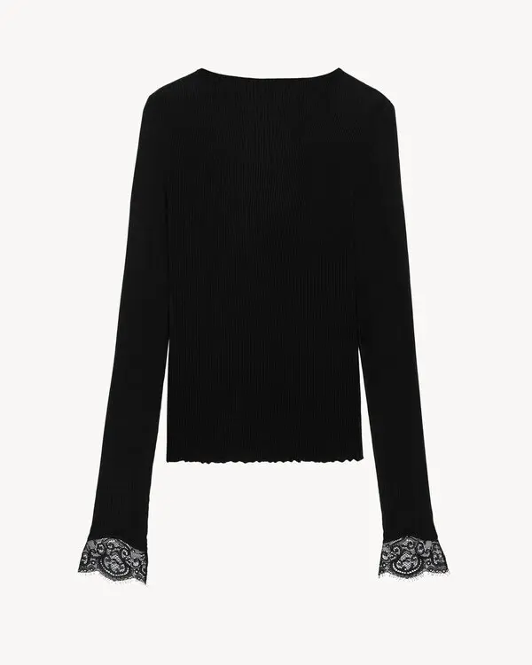 Saint Laurent Cassandre Lace-cuff Top In Ribbed Silk Jersey