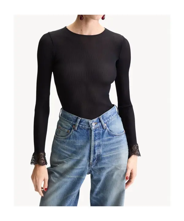 Saint Laurent Cassandre Lace-cuff Top In Ribbed Silk Jersey