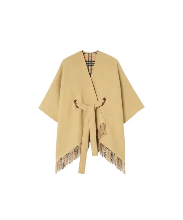 Burberry Tay Belted Fringe Cape - Camel Check