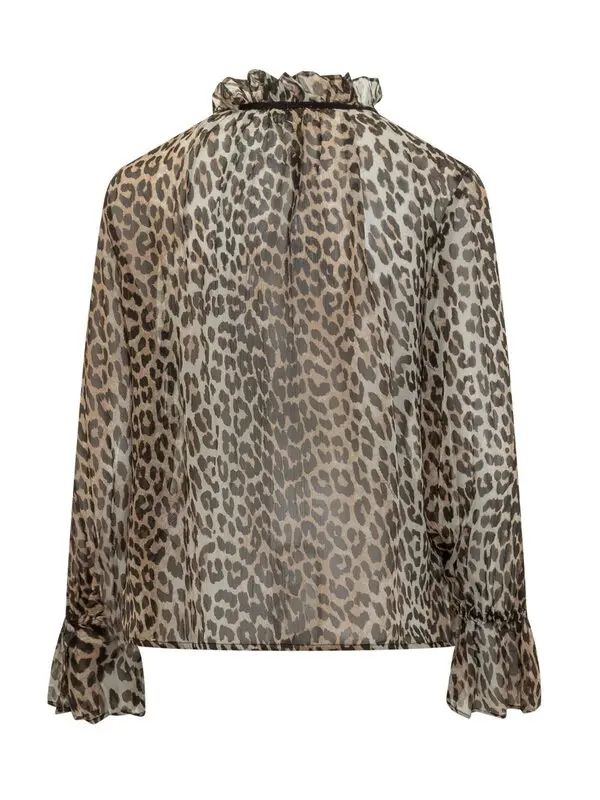 GANNI Leopard Printed Chiffon Tie String Shirt