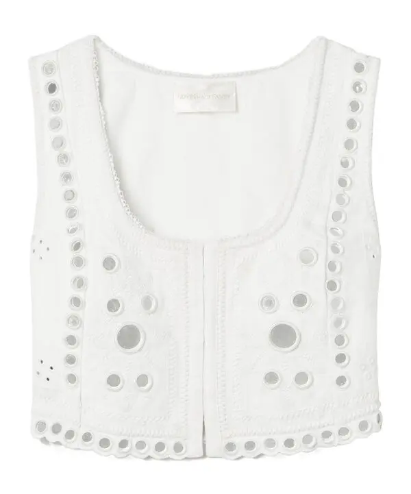 LoveShackFancy Cropped Paillette-embellished Embroidered Linen Top - White