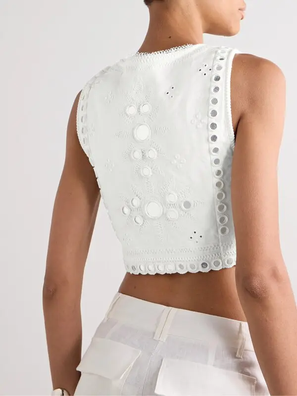 LoveShackFancy Cropped Paillette-embellished Embroidered Linen Top