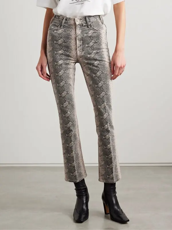 MOTHER Cropped Snake-print High-rise Flared Jeans - No