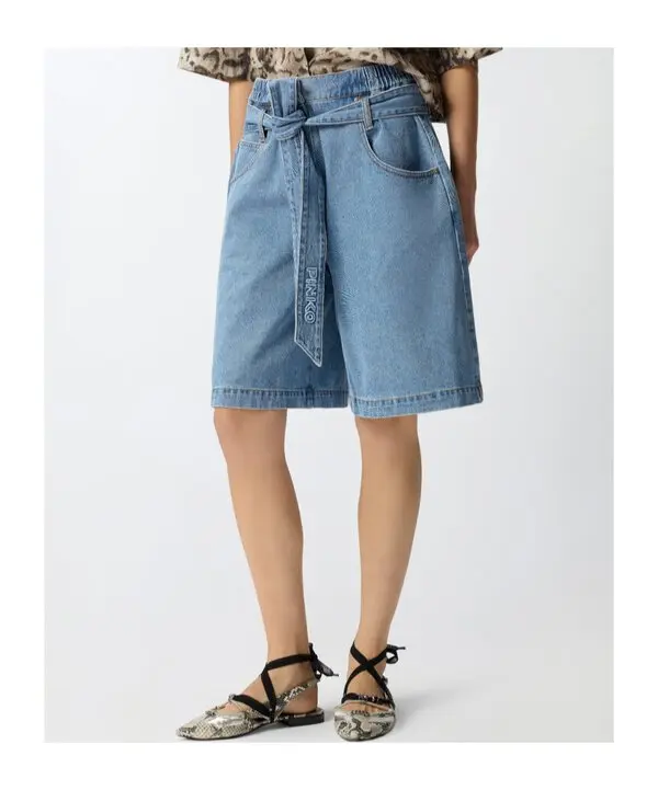 Pinko Wide-leg Denim Bermuda Shorts With Belt