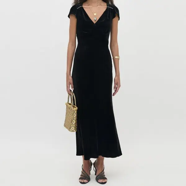 Rixo V-neck Velvet Midi Dress