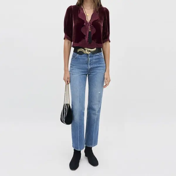 Rixo Velvet Short Sleeve Blouse - Blue