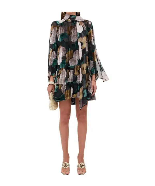 Rixo Bow Neck Printed Mini Dress