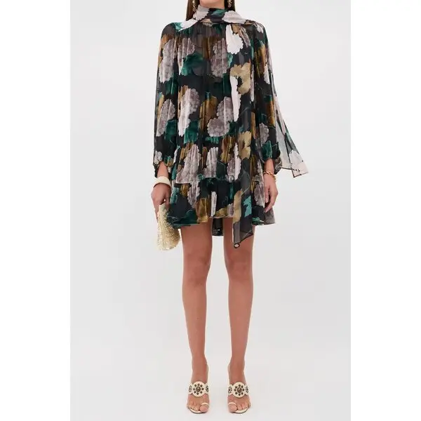 Rixo Bow Neck Printed Mini Dress
