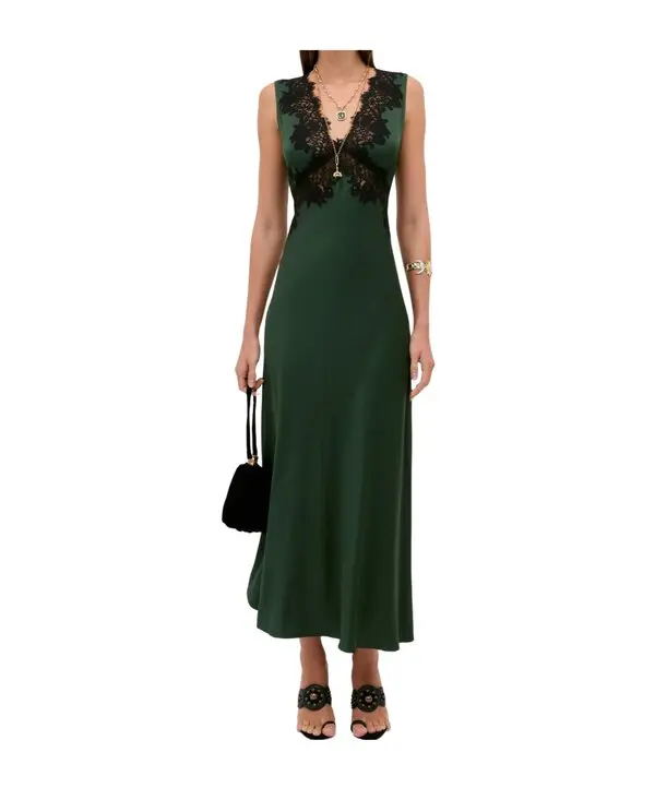 Rixo V-neck Lace Spliced Satin Maxi Dress