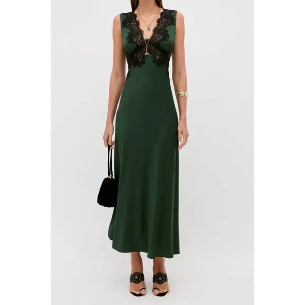 Rixo V-neck Lace Spliced Satin Maxi Dress