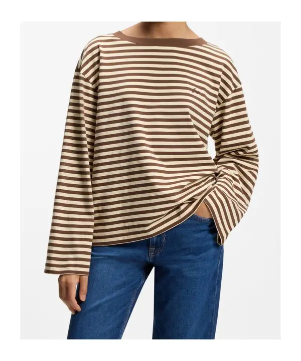 Hugo Boss Cream Striped Boat Neck Long Sleeve Top