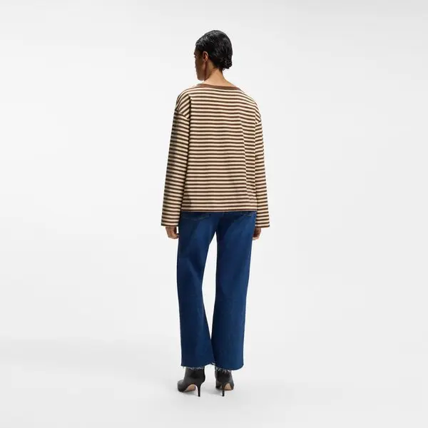 Hugo Boss Cream Striped Boat Neck Long Sleeve Top