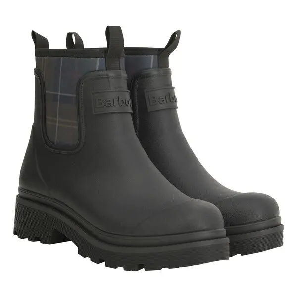 Barbour Plaid Panel Side Elastic Short Rain Boot - Black