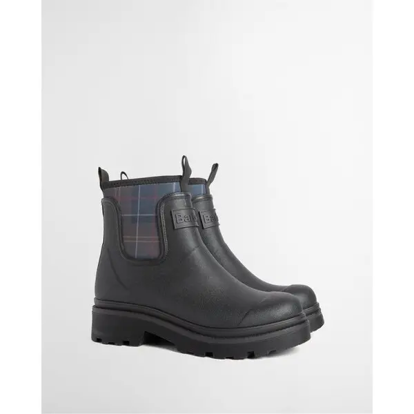 Barbour Plaid Panel Side Elastic Short Rain Boot - Black