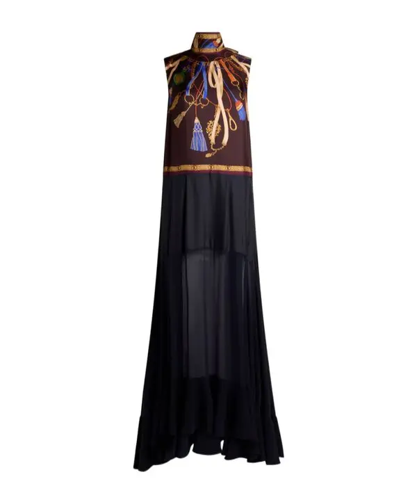 Etro Long Silk Dress With See-through Skirt And Placed Print