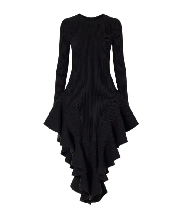 Alaïa Ruffled Ribbed Wool-blend Midi Dress - Black