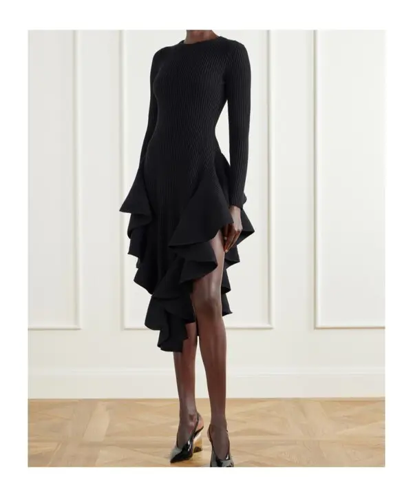 Alaïa Ruffled Ribbed Wool-blend Midi Dress