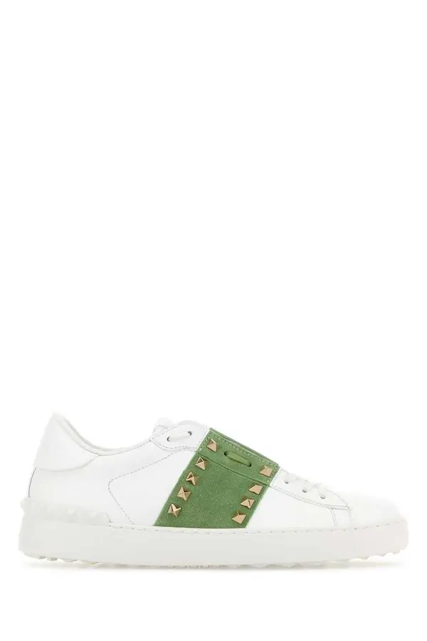 Valentino Garavani Leather Rockstud Untitled Sneakers With Green Band - White