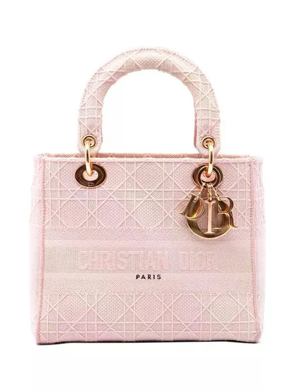 Dior 2020 Medium Embroidered Canvas Cannage Lady D Lite Satchel - Pink