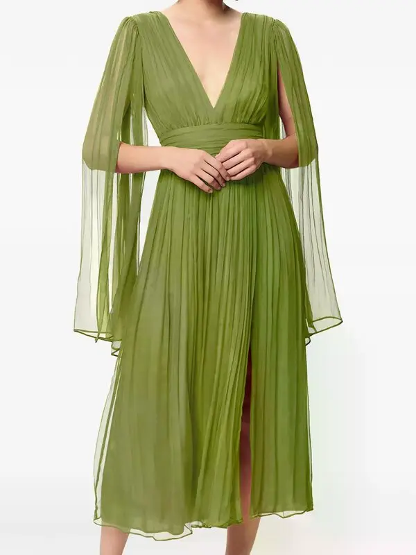 FRAMBOISE Pleated Silk Midi Dress